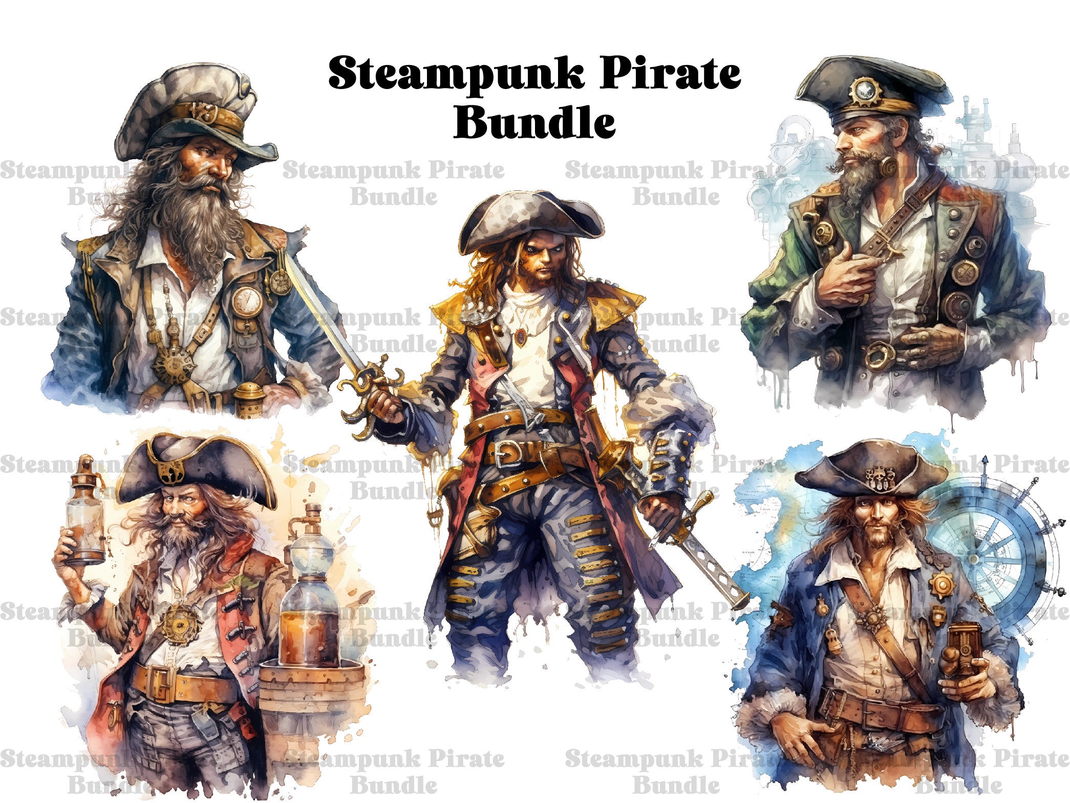 26 Steampunk Pirate Clipart Bundle - Steampunk Pirates Watercolor PNG ...
