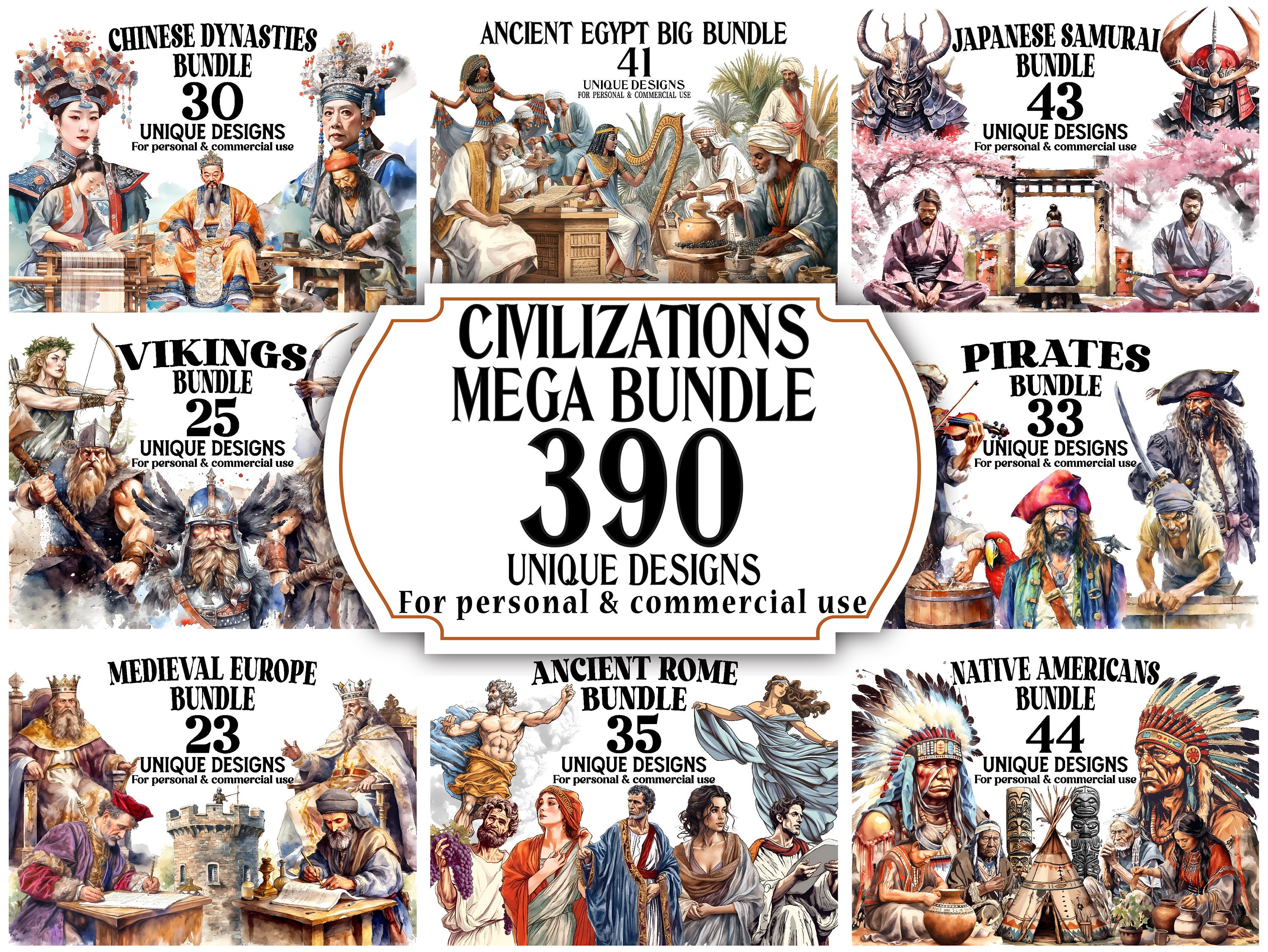 Civilization Mega Bundle Clipart Collection 390 Pngs of Pirates, Romans ...