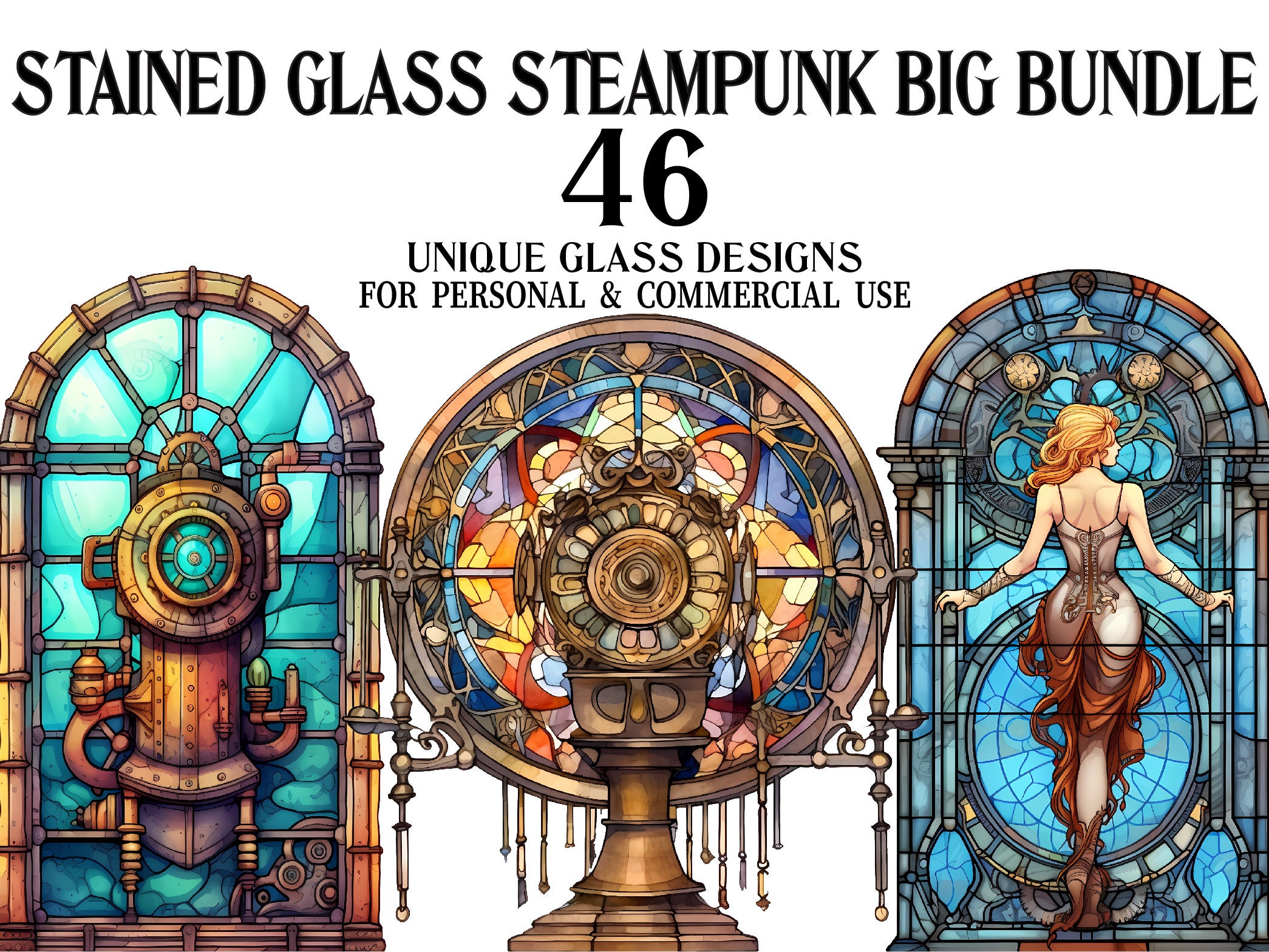 Steampunk Stained Window Clipart Big Bundle - 46 Steampunk Stained ...