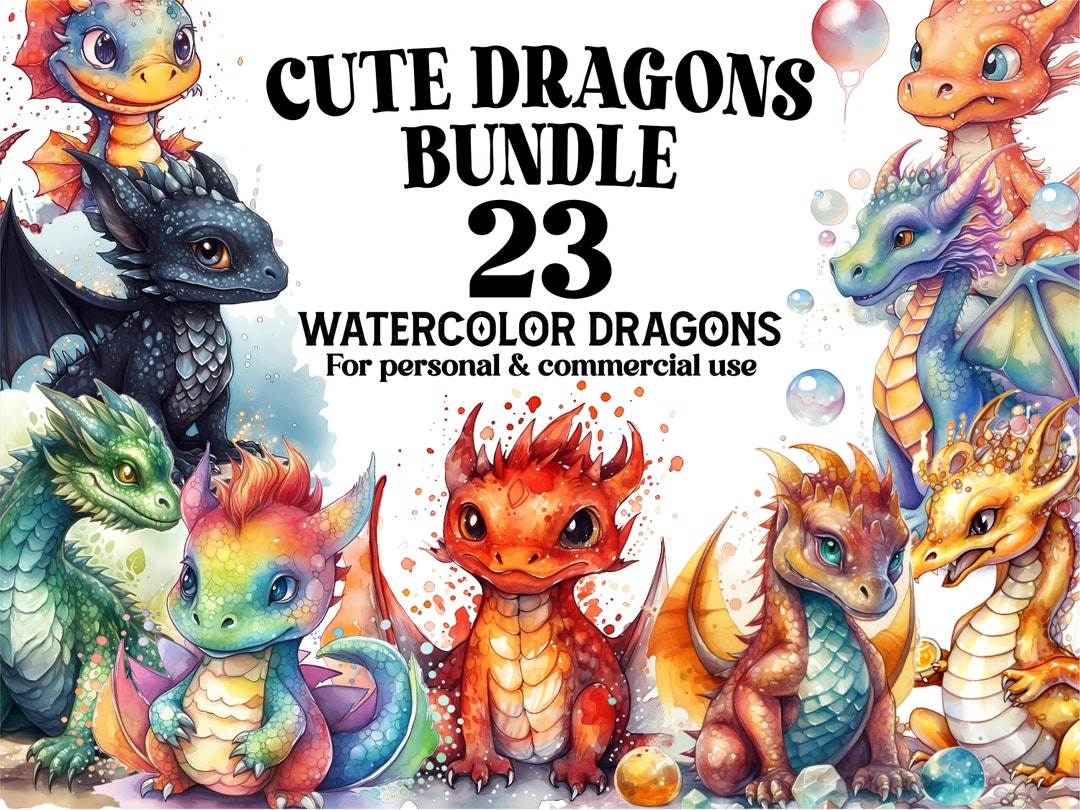 Cute Dragon Clipart Bundle - 23 Watercolor Dragons Pngs - Digital ...