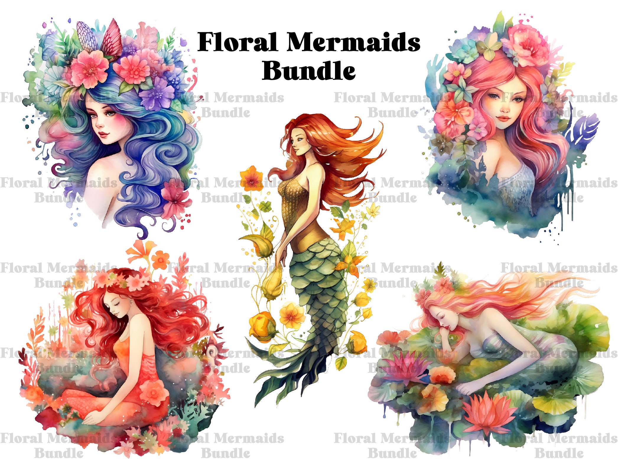 Floral Mermaid Clipart Bundle 27 Flower Mermaids as - Etsy