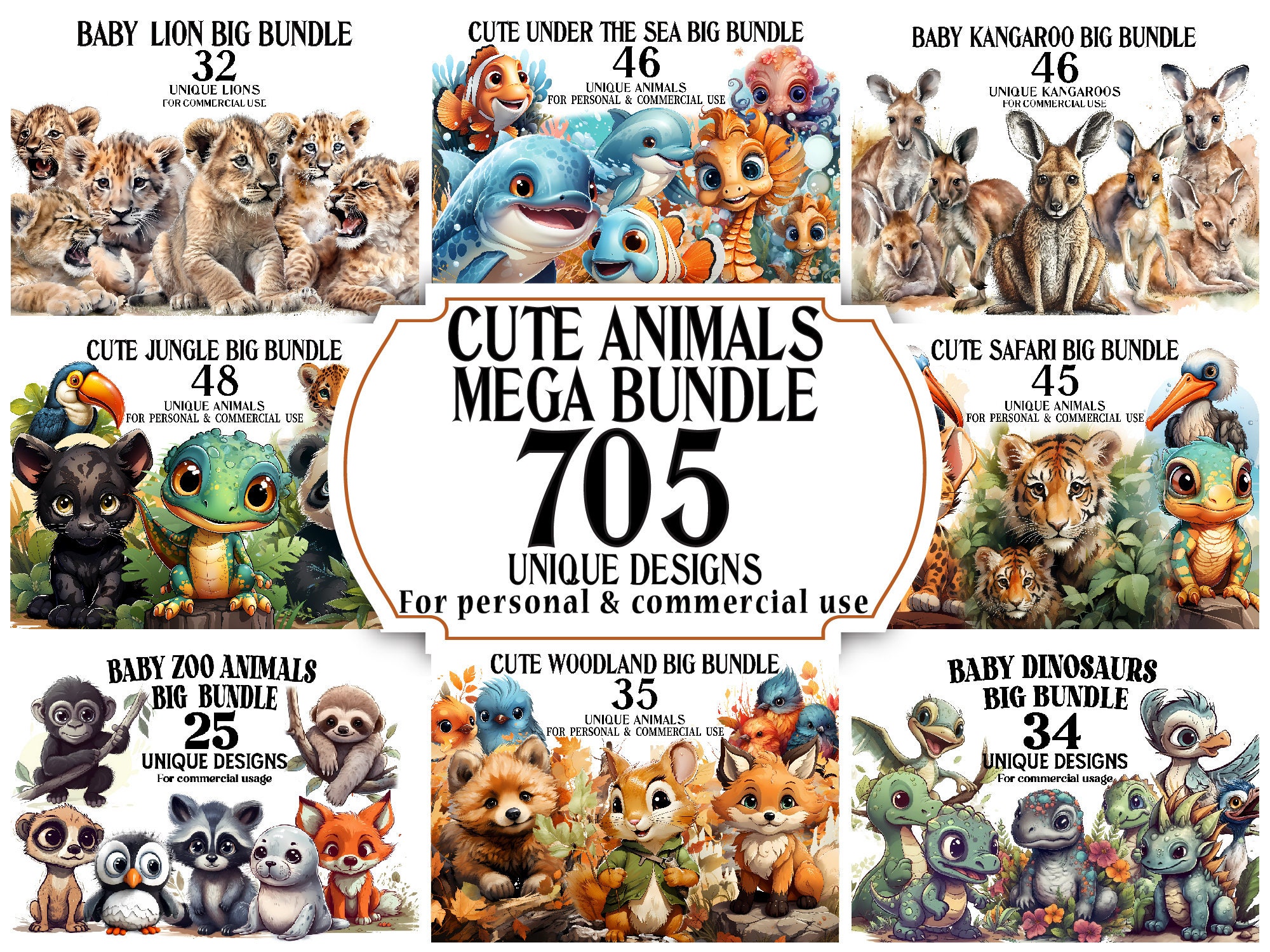 MEGA Cute Animals Clipart Bundle – 705 süße Cartoon-Tiere als Aquarell ...