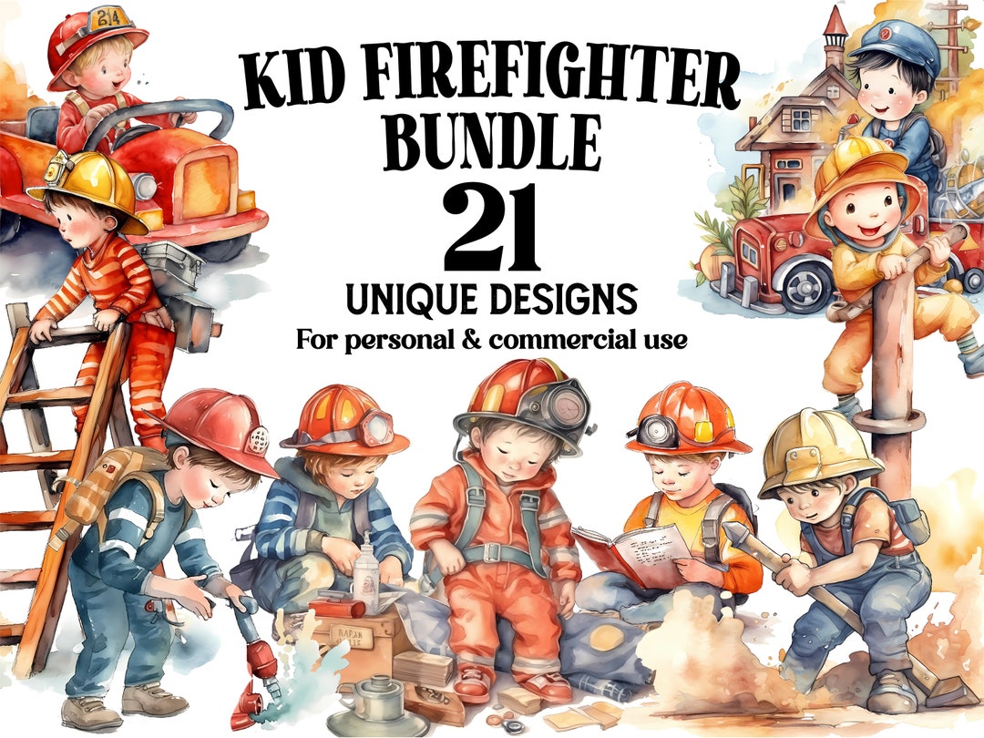Kid Firefighter Clipart Bundle - 21 Watercolor Junior Fire Rescue Pngs ...