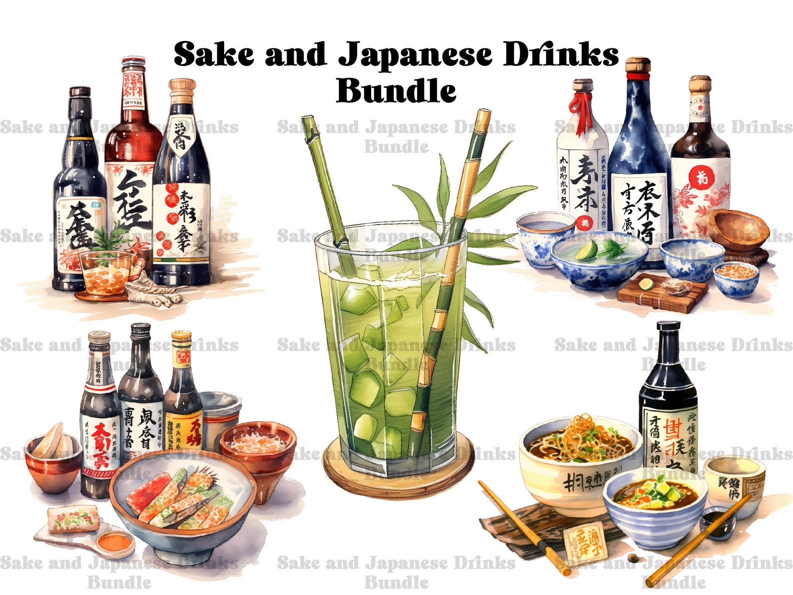 Sake and Japanese Drink Clipart Bundle 26 Sake Watercolor Pngs Clip Art ...