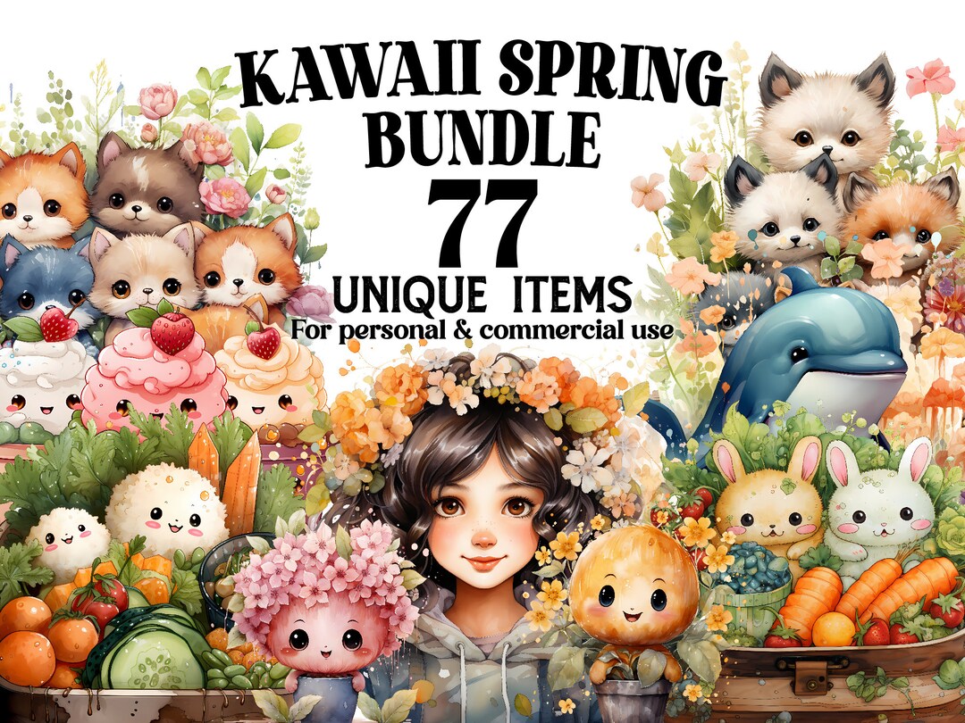 Kawaii Spring Clipart Bundle - 77 Watercolor Pngs - Digital Drawings ...