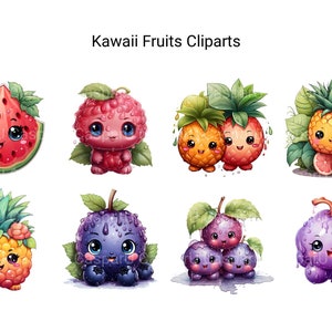 Kawaii Fruits Clipart Bundle - 92 Kawaii Watercolor Pngs - Digital ...