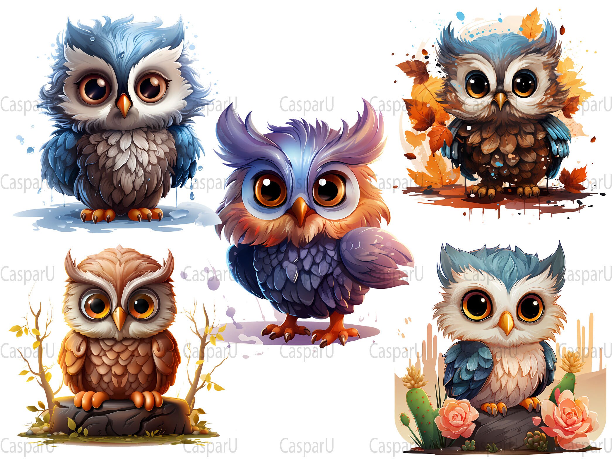 Cute Owls Clipart Big Bundle 55 Owls Watercolor Pngs Digital Download ...