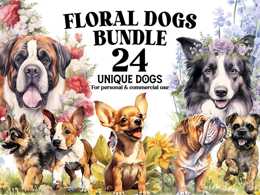 Flower Dog Clipart Bundle - 24 Floral Dogs as Watercolor Pngs - Digital ...