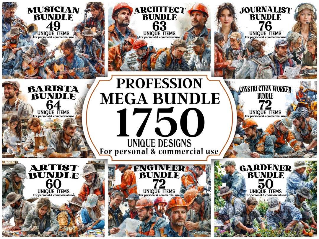 MEGA Profession Clipart Bundle -1750 Watercolor Work Pngs - Digital ...