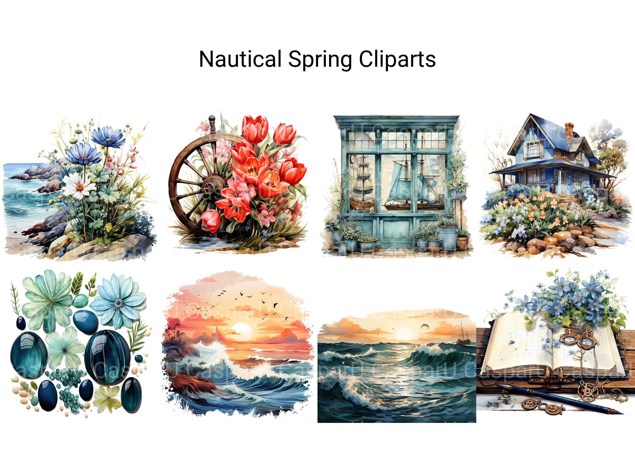 Nautical Spring Clipart Bundle - 58 Watercolor Pngs - Digital Drawings ...