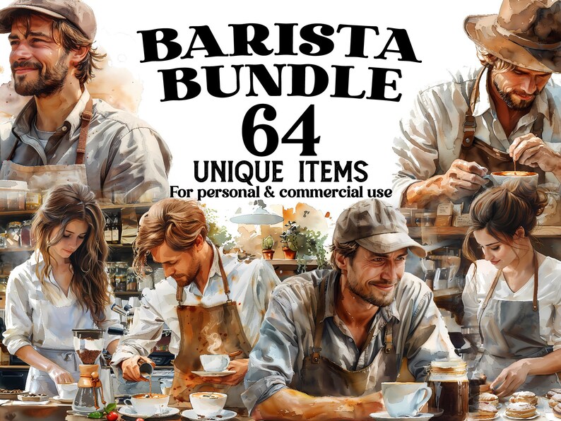 Barista Clipart Bundle - 64 Work Watercolor Pngs - Digital Drawings ...