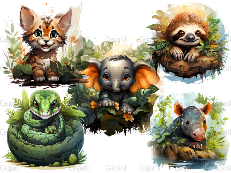 Cute Jungle Clipart Big Bundle 48 Animal Watercolor Pngs Digital ...