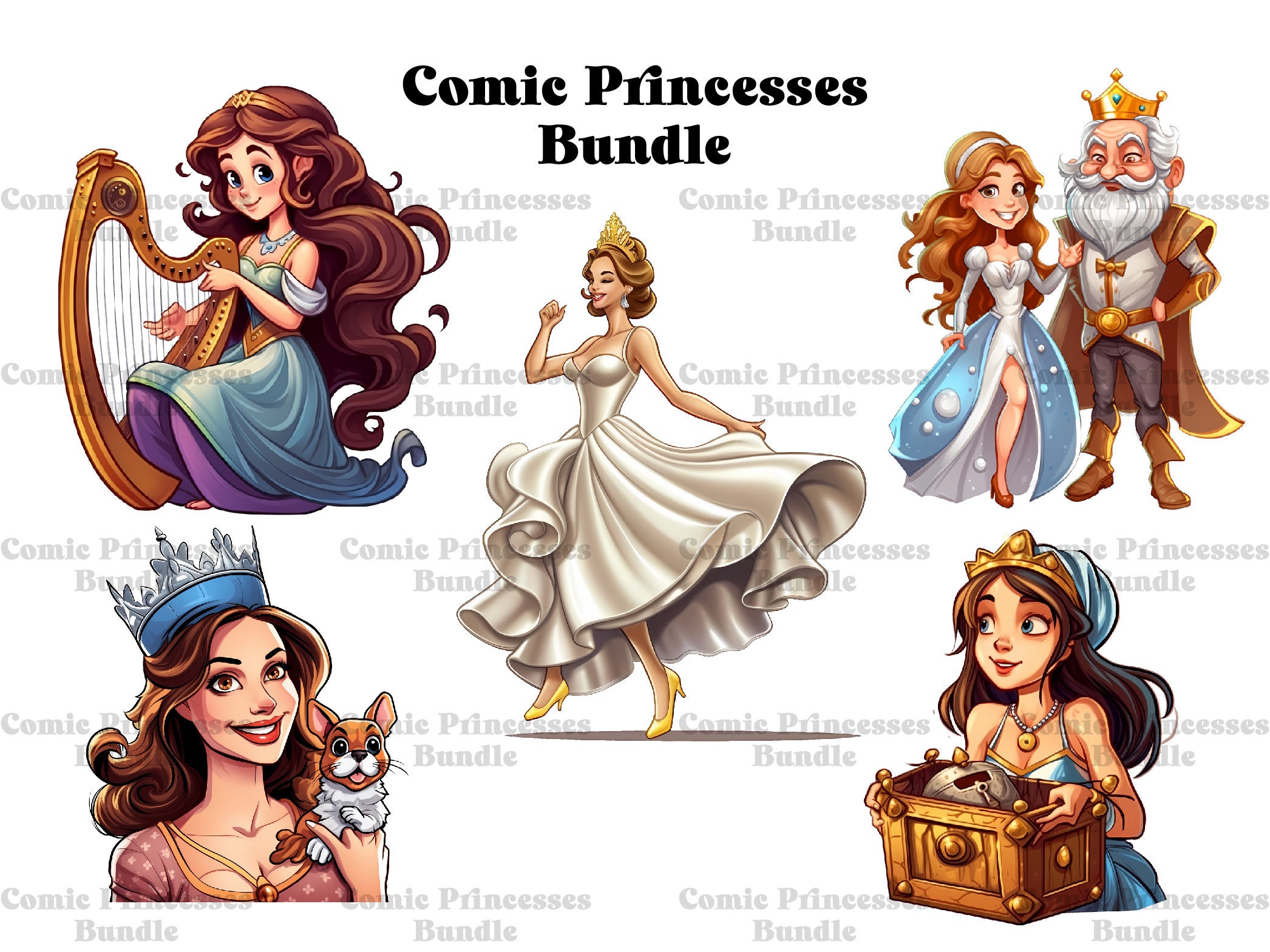 Comic Princess Clipart Bundle 21 Cartoon Princesses Pngs - Etsy