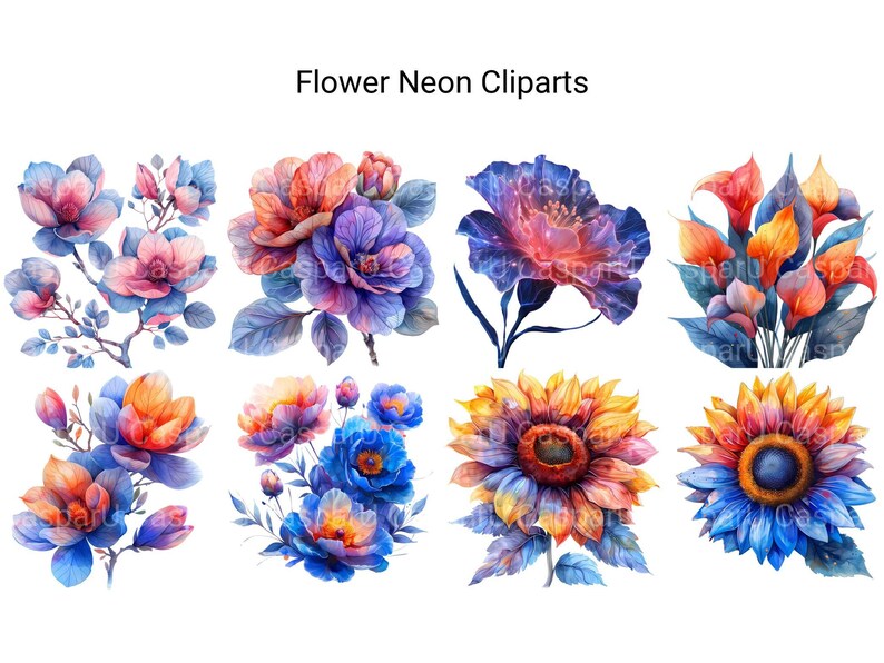 Neon Flowers Clipart Bundle 80 Watercolor Floral Pngs Digital Drawings ...