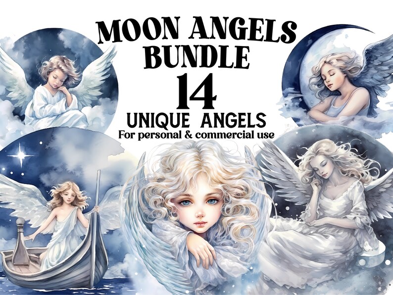 Moon Angel Clipart Bundle 14 Moon Angels as Watercolor Pngs Angel Clip ...