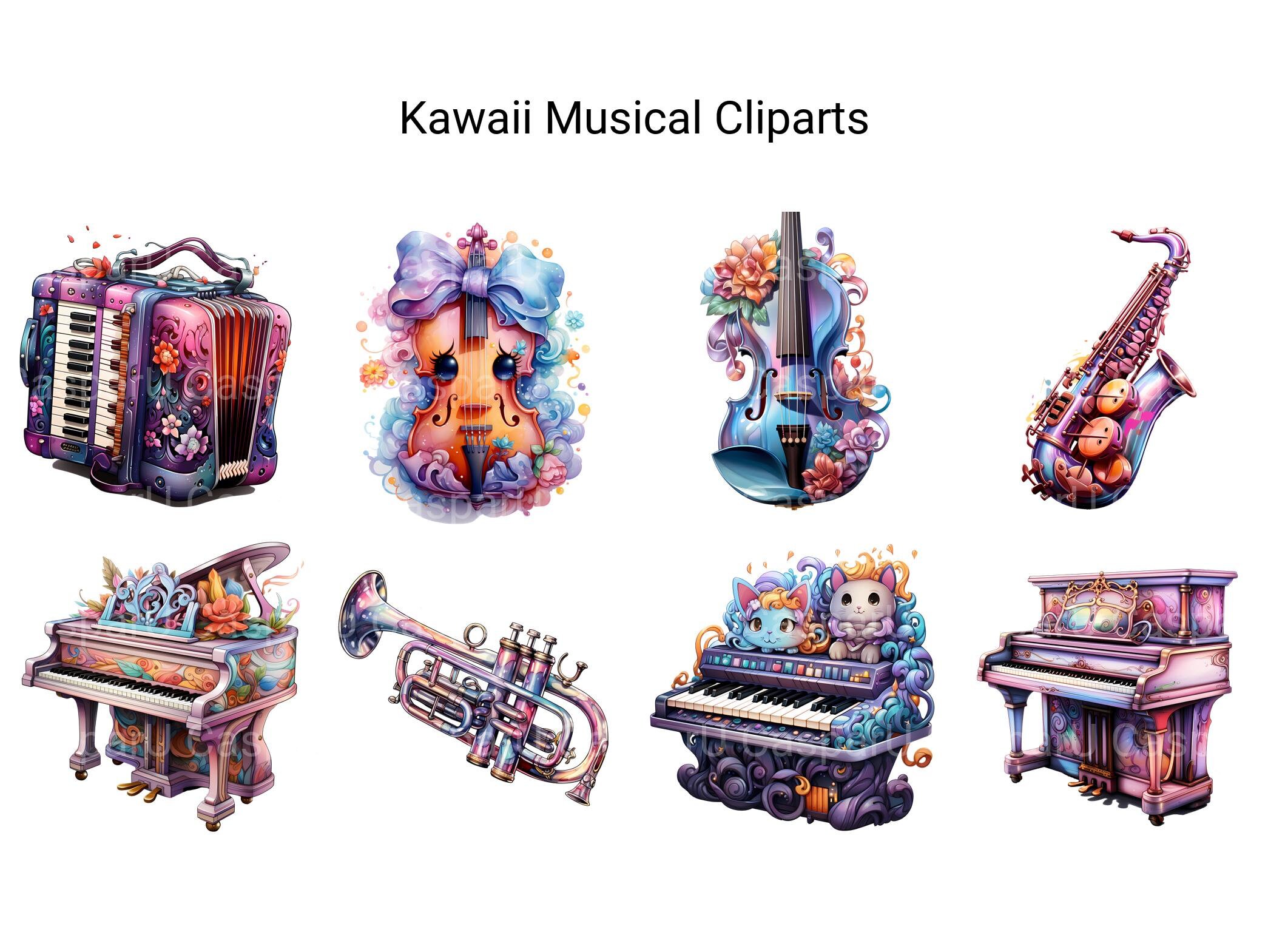 Kawaii Musical Clipart Bundle 62 Kawaii Watercolor Pngs Digital ...