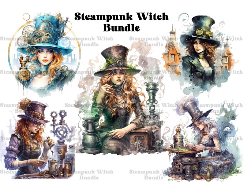 23 Steampunk Witch Clipart Bundle Steampunk Witches Watercolor PNG Clip ...
