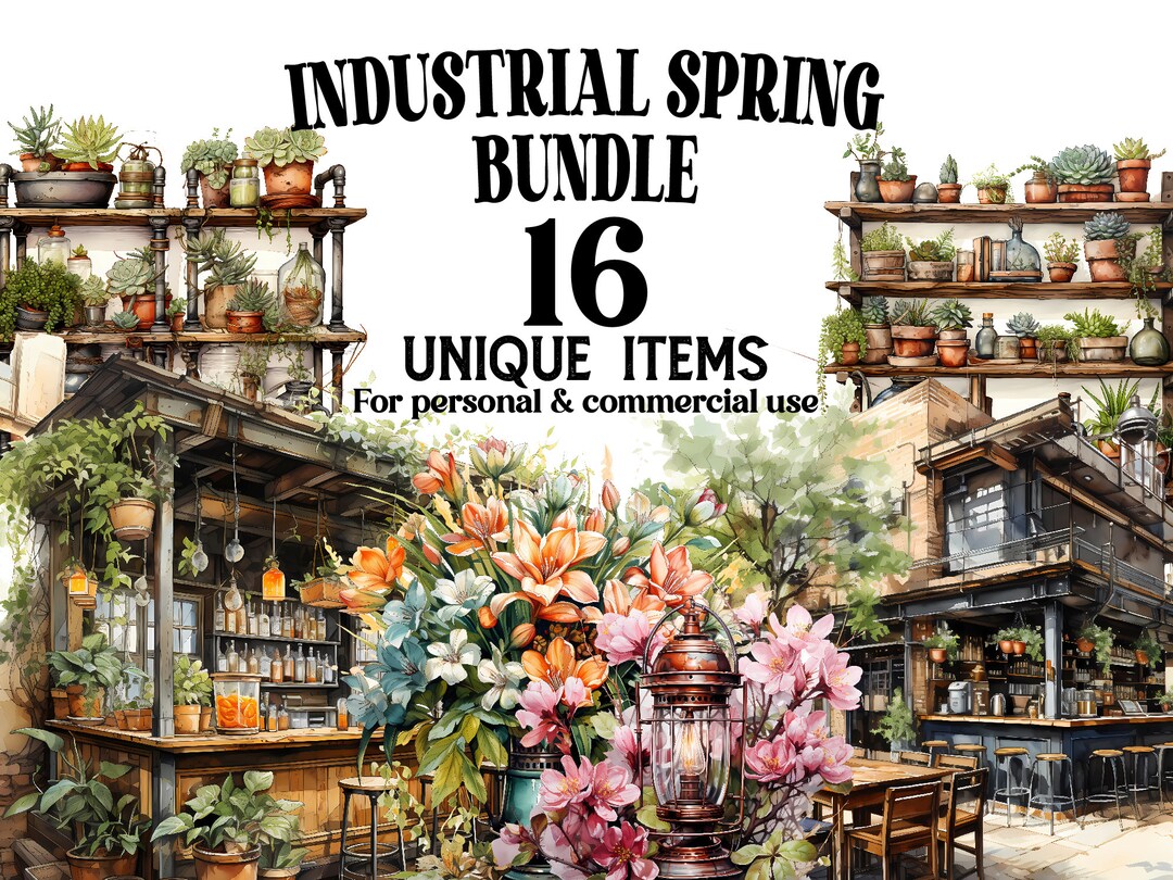 Industrial Spring Clipart Bundle - 16 Watercolor Pngs - Digital ...