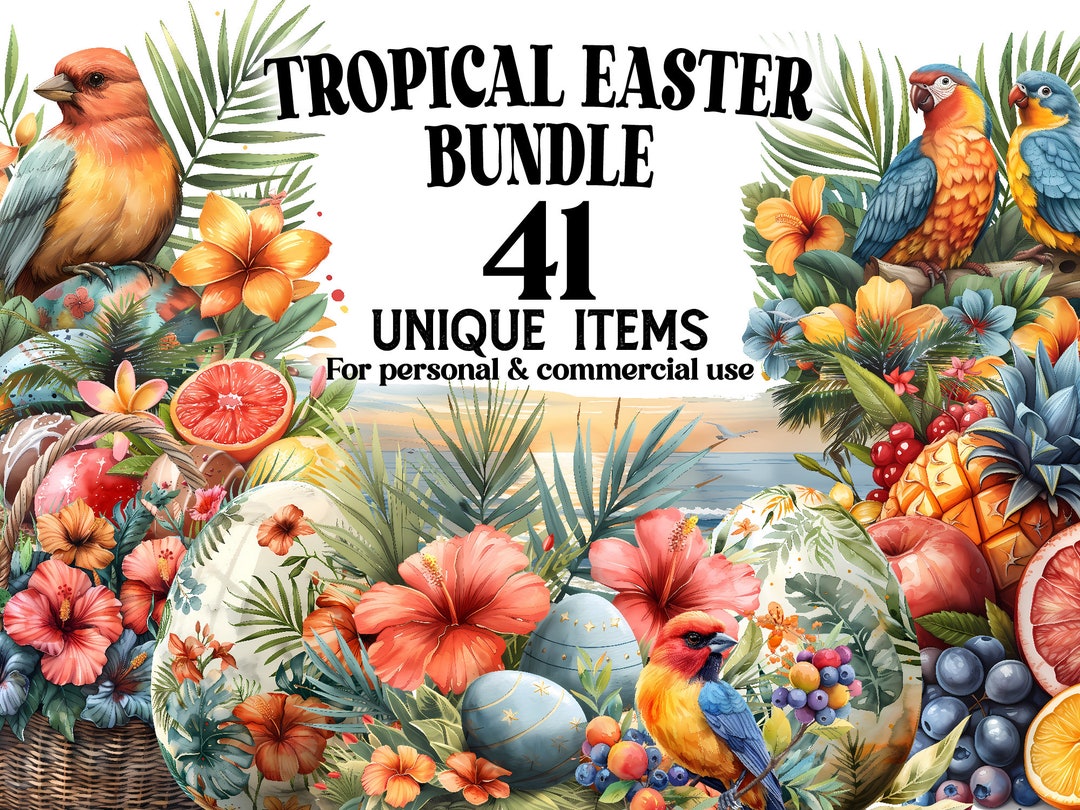 Tropical Easter Clipart Bundle - 41 Watercolor Easter Pngs - Digital ...