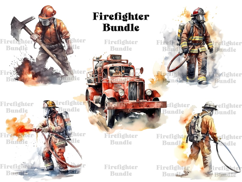Firefighter Clipart Bundle 27 Watercolor Fire Rescue Pngs - Etsy
