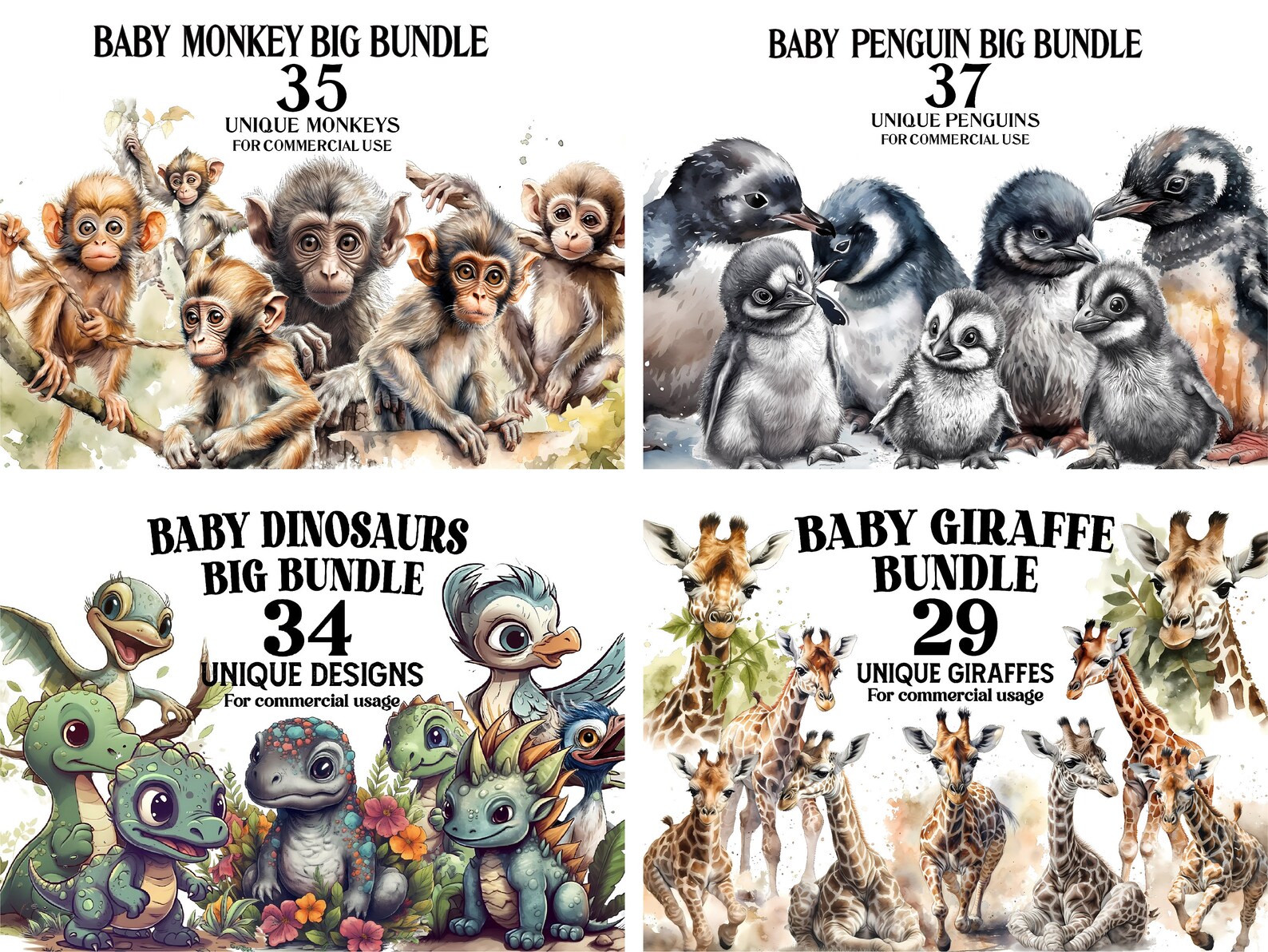 MEGA Cute Animals Clipart Bundle – 705 süße Cartoon-Tiere als Aquarell ...