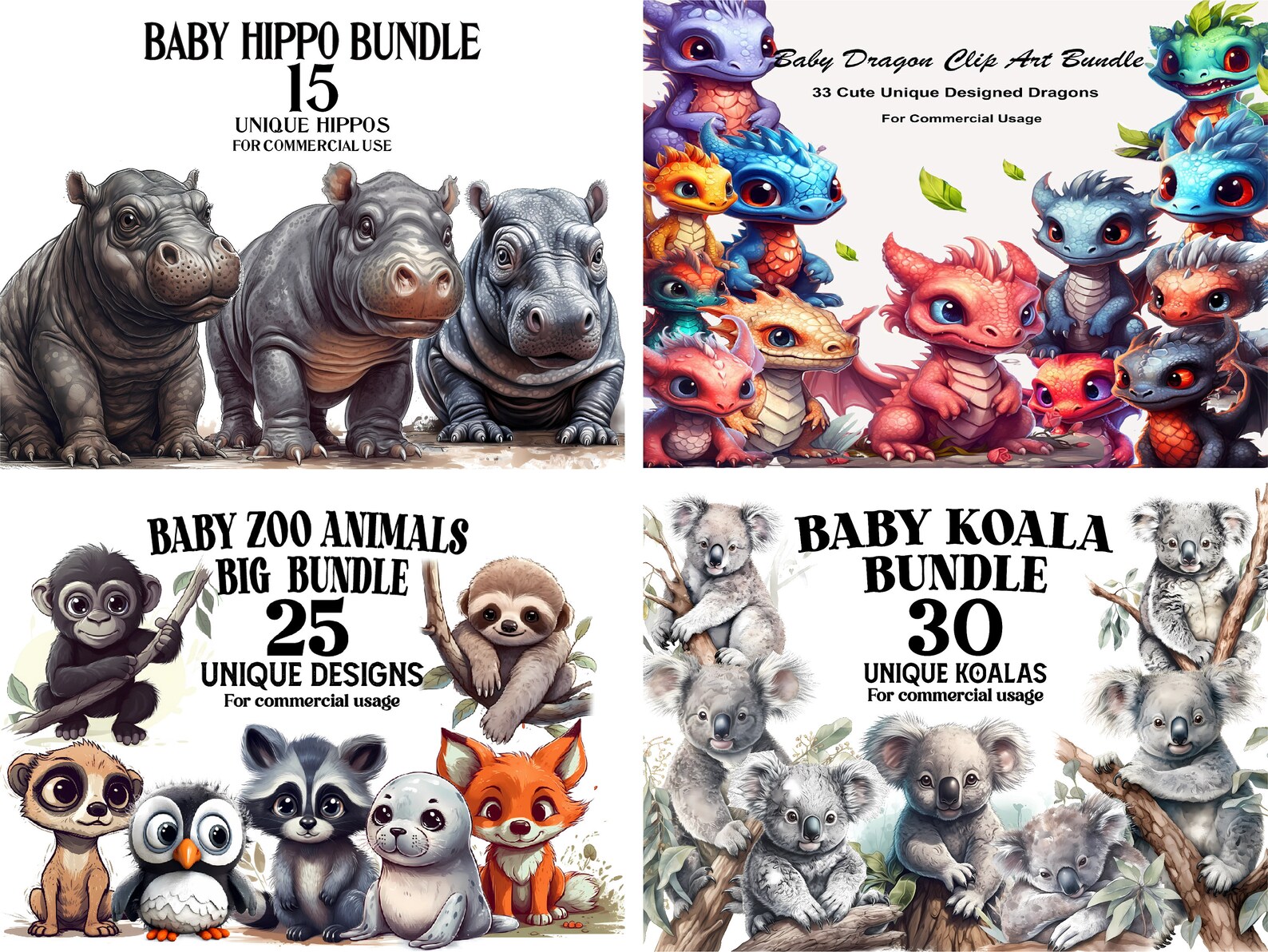 MEGA Cute Animals Clipart Bundle – 705 süße Cartoon-Tiere als Aquarell ...