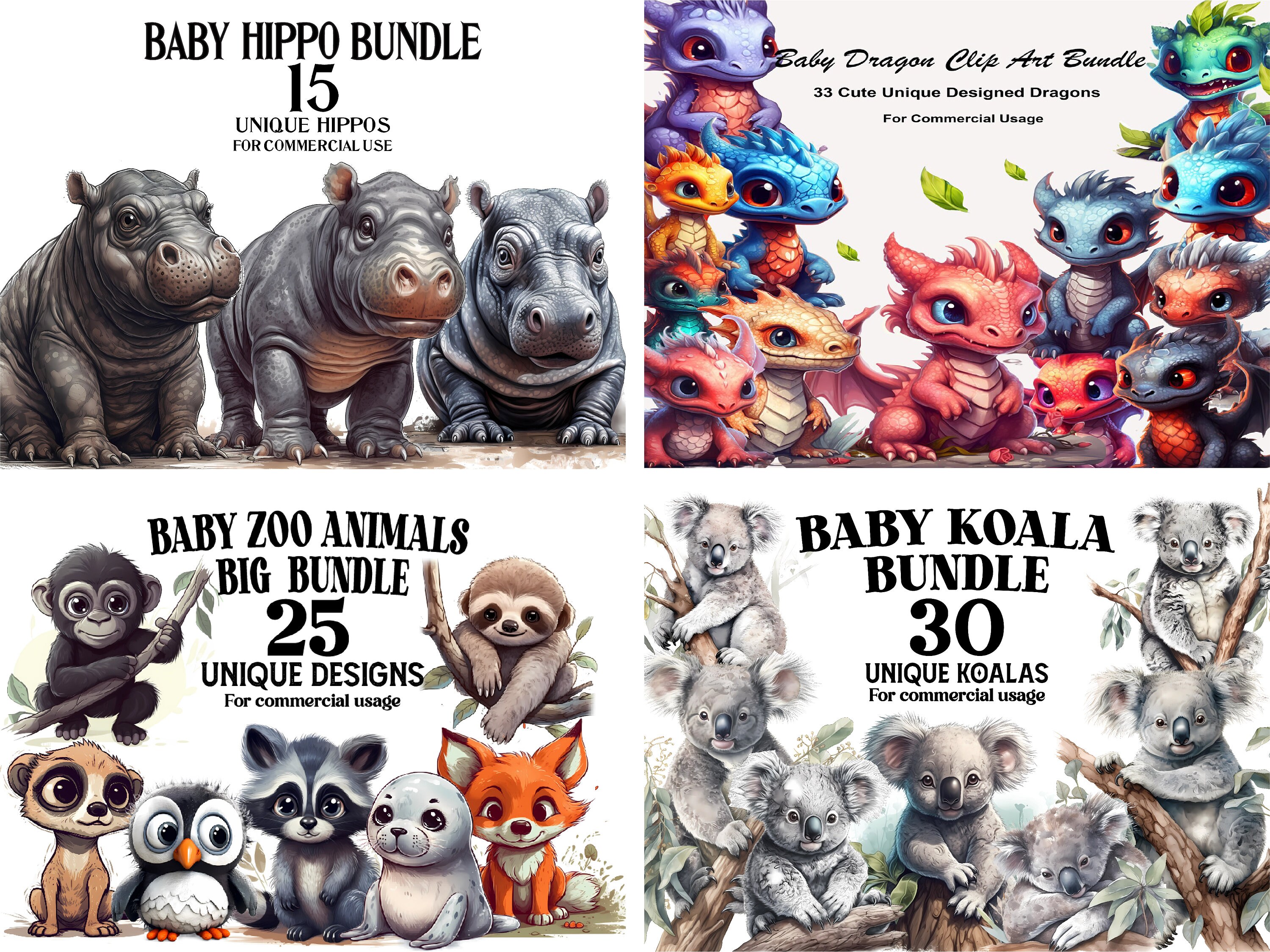 MEGA Cute Animals Clipart Bundle 705 Cute Cartoon Animals as Watercolor ...