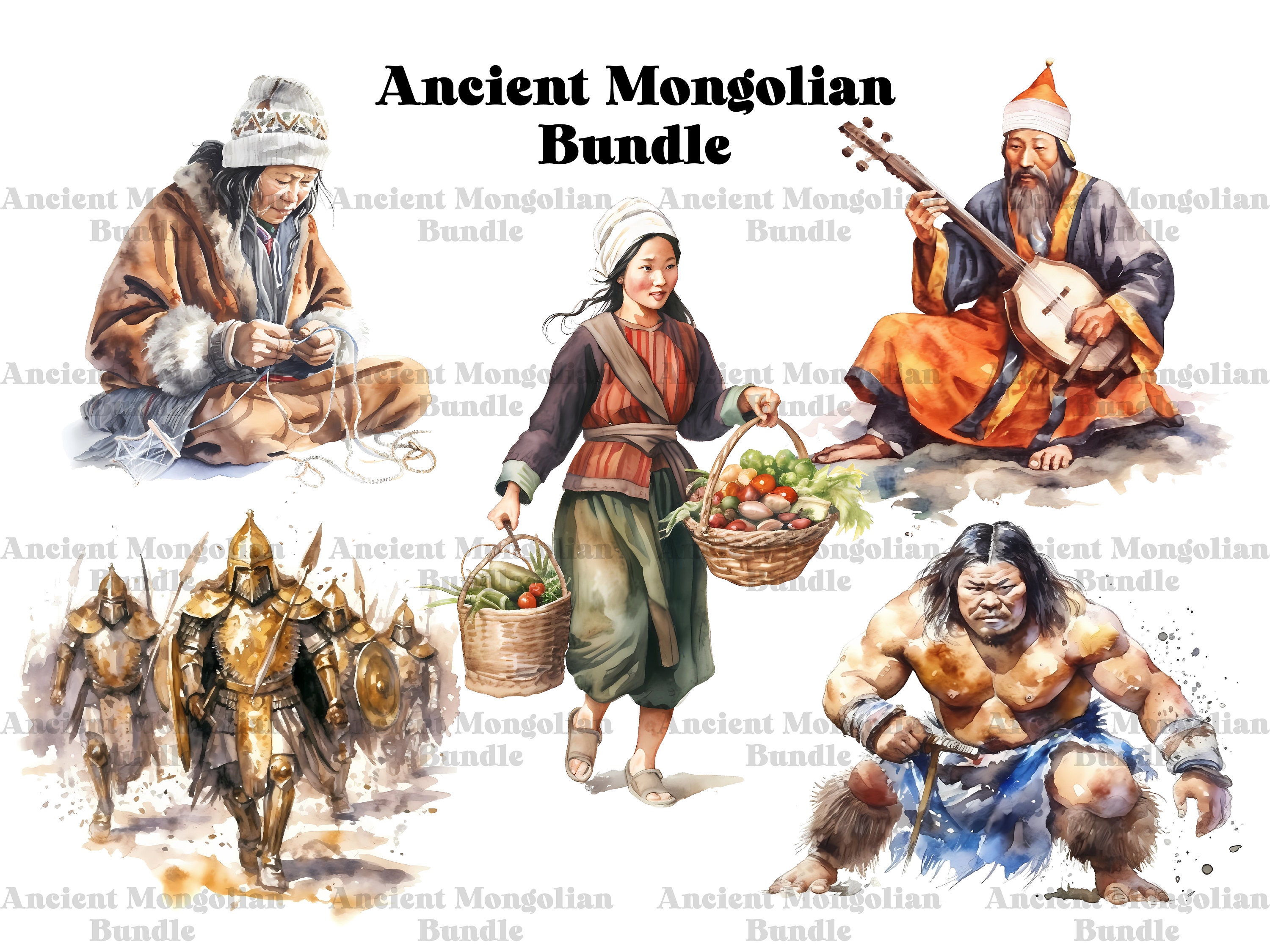 Ancient Mongolian Clipart Bundle - 34 Watercolor Mongolian Pngs ...