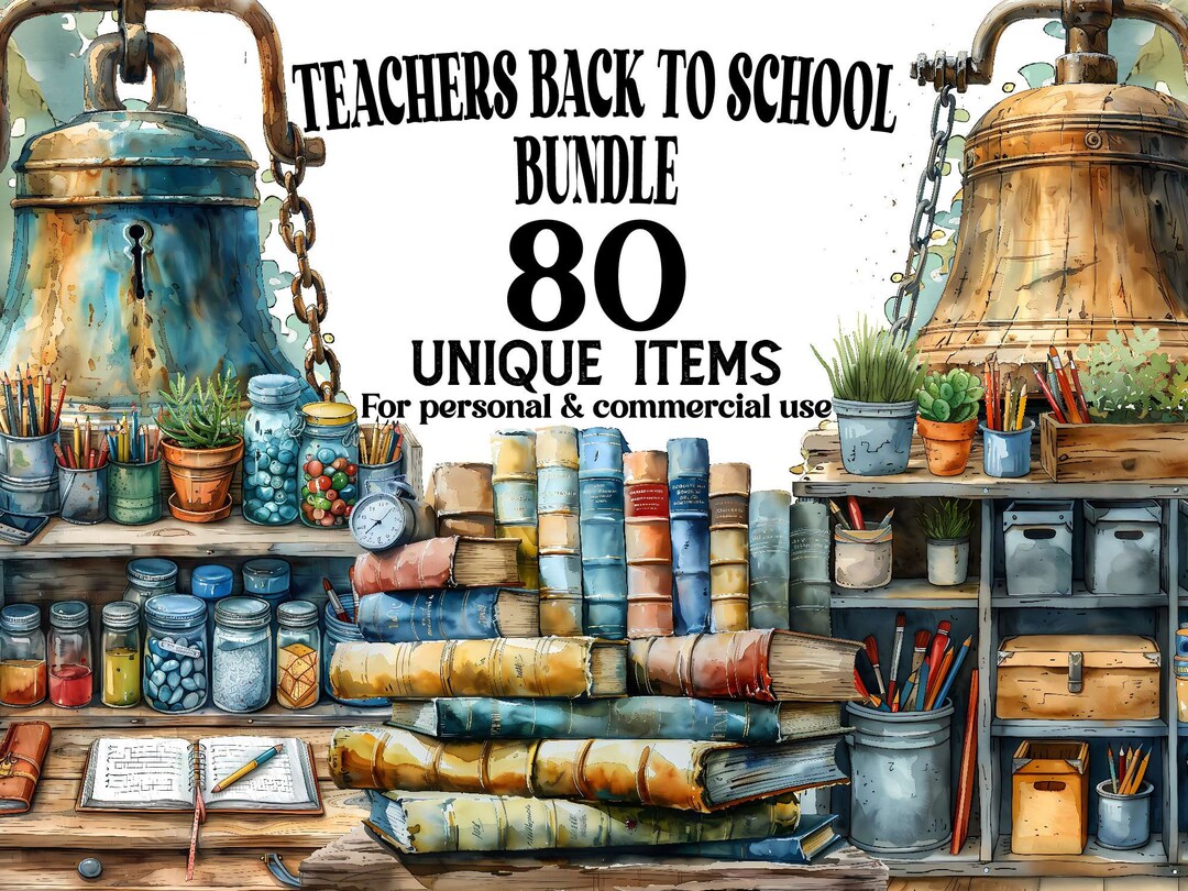 Teachers Back to School Clipart Bundle 80 Watercolor Pngs Digital ...