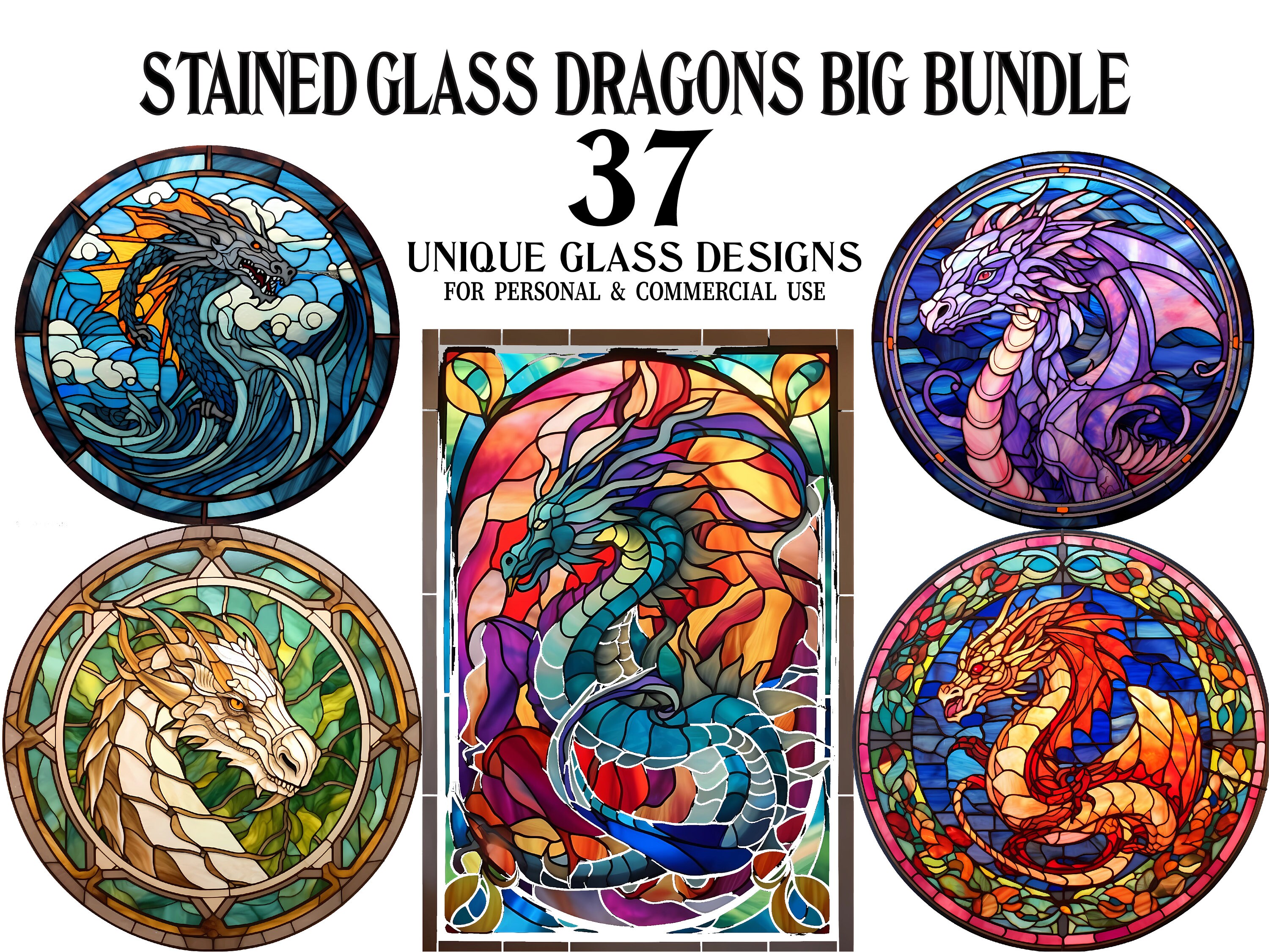 Dragons Stained Glass Window Clipart Bundle 37 Dragon Stained Glass ...