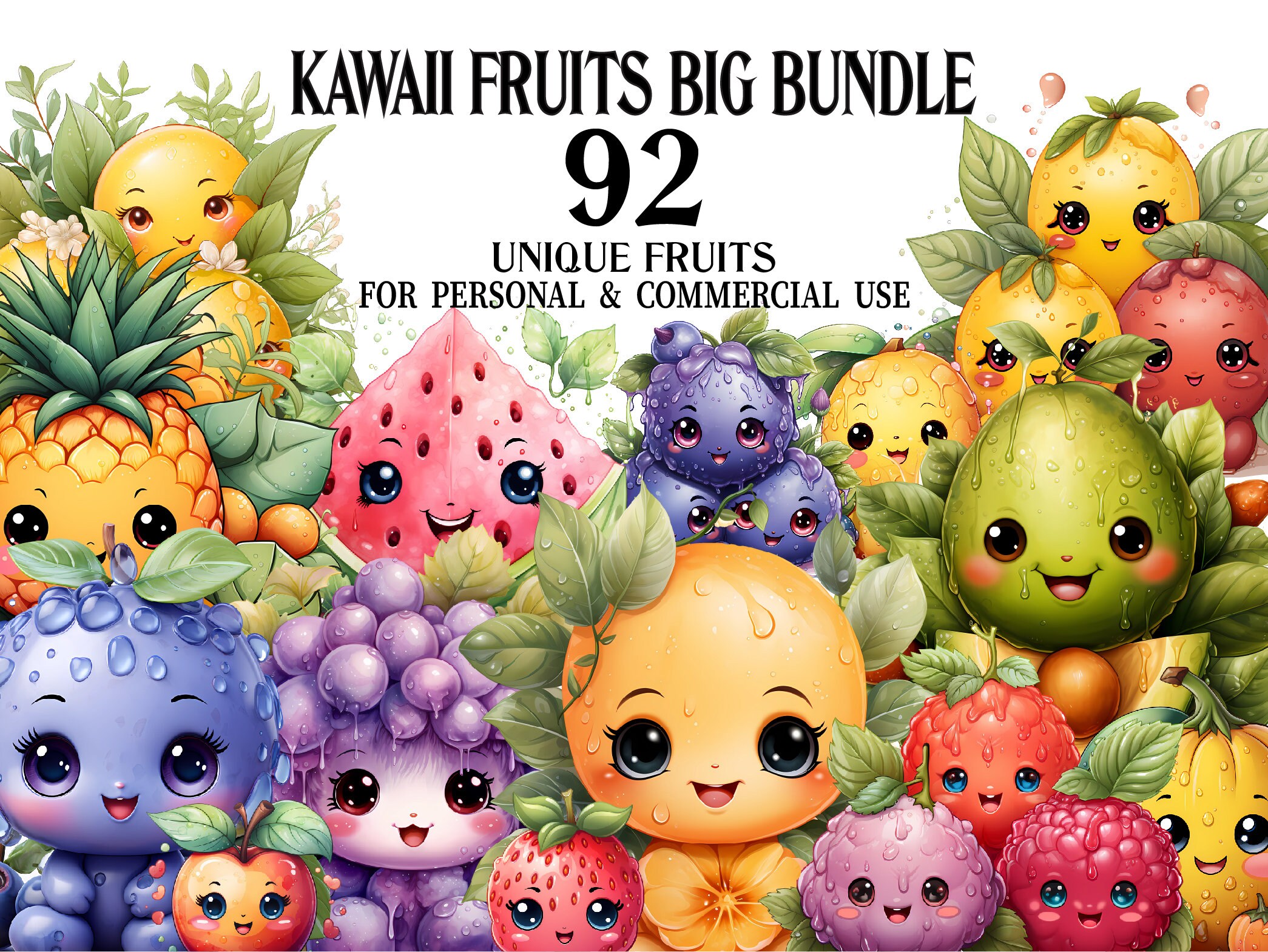 Kawaii Fruits Clipart Bundle 92 Kawaii Watercolor Pngs Digital Download ...