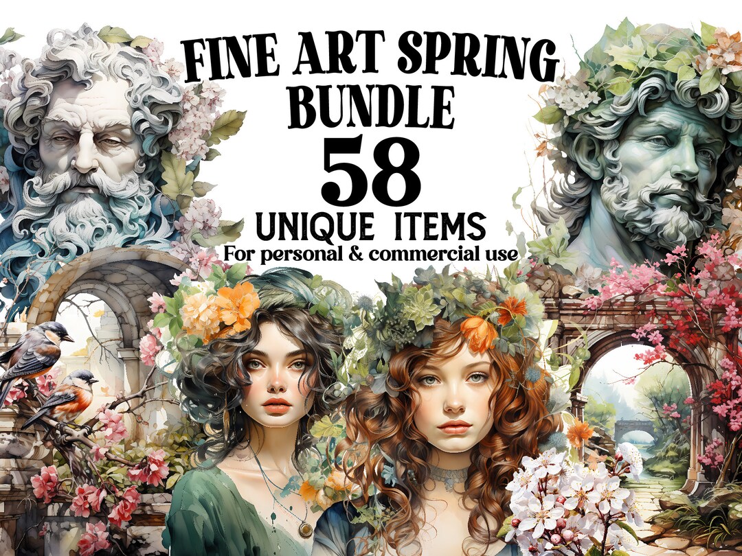 Fine Art Spring Clipart Bundle - 58 Watercolor Pngs - Digital Drawings ...