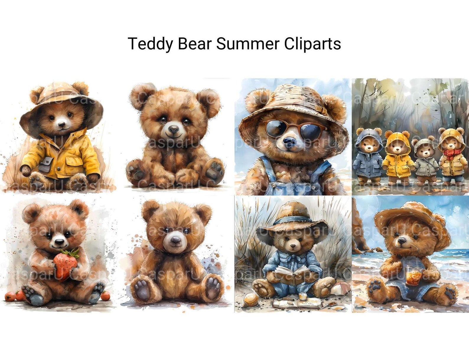 Teddy Bear Summer Clipart Bundle 66 Summer Watercolor Pngs Digital ...
