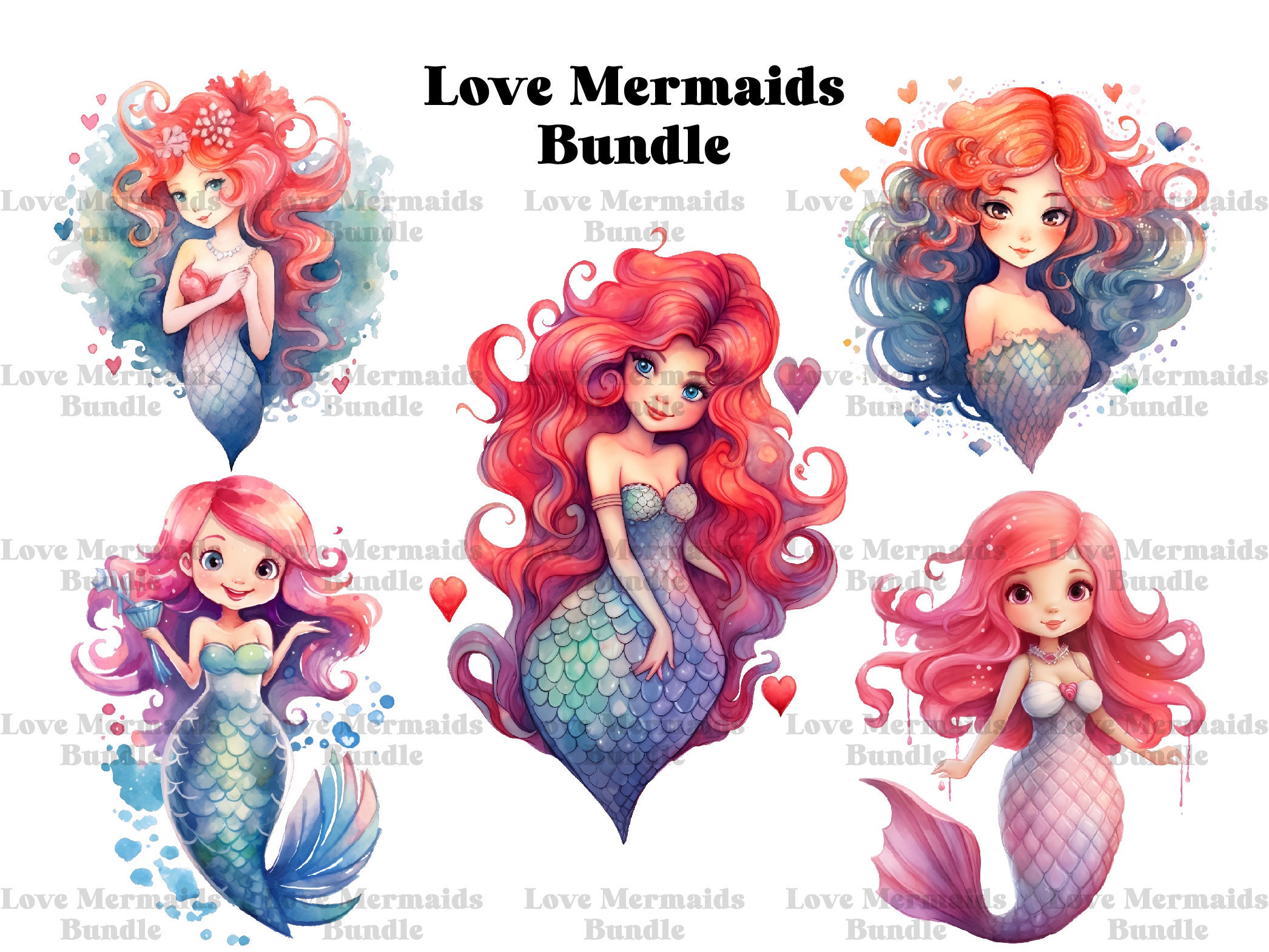 Love Mermaid Clipart Bundle 30 Heart Mermaids as Watercolor Pngs ...