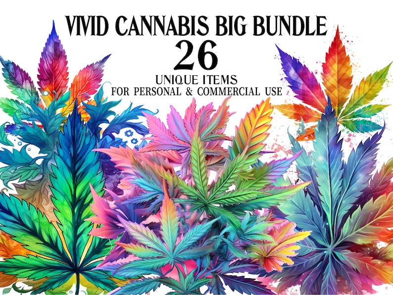 Vivid Cannabis Clipart Bundle 26 Watercolor Marijuana Art Pngs Herb ...