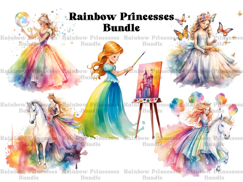 Rainbow Princess Clipart Bundle 20 Princesses Pngs Digital Download for ...