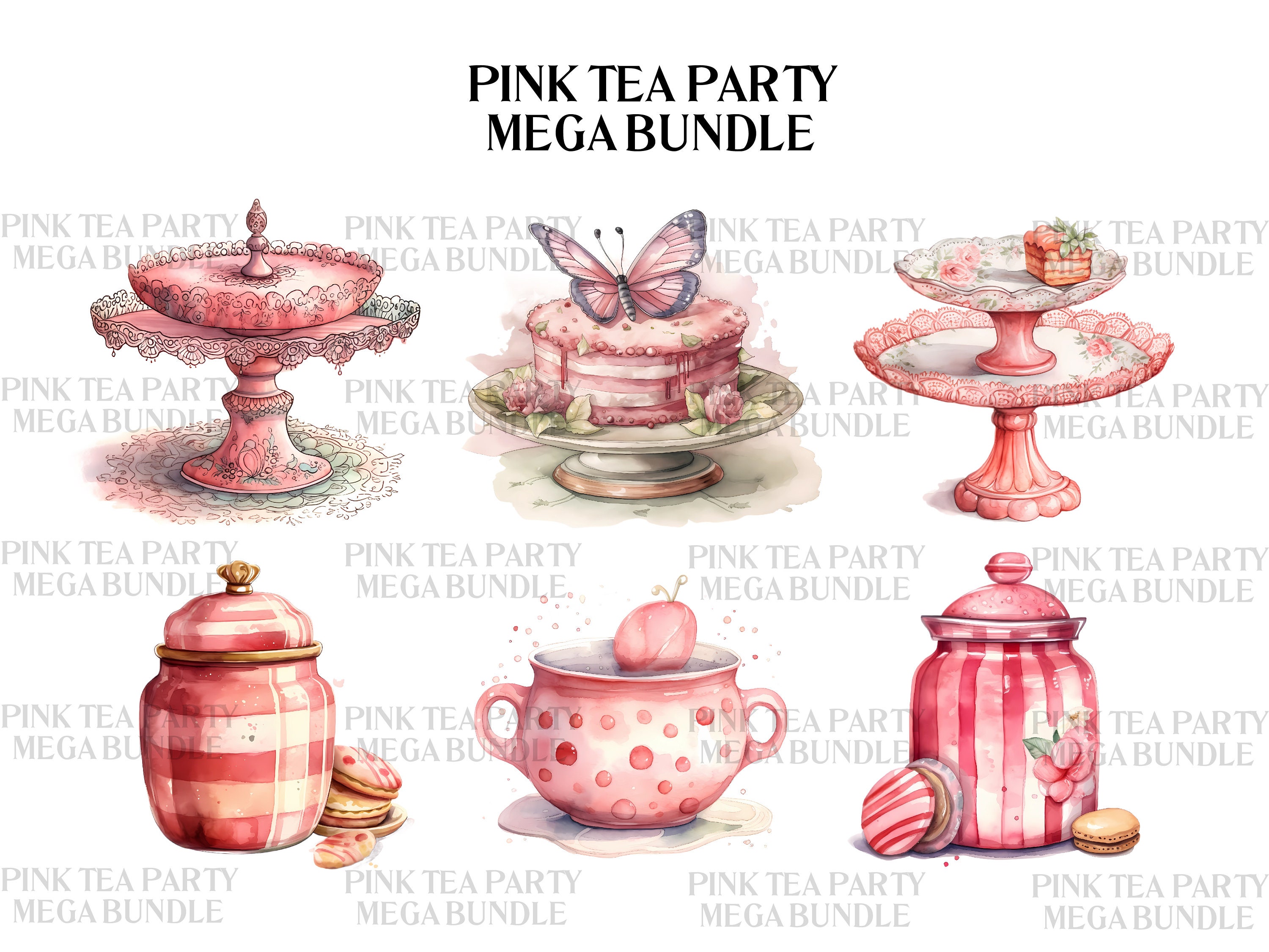 Pink Tea Party Mega Clipart Bundle 63 Afternoon Tea Time Watercolor ...