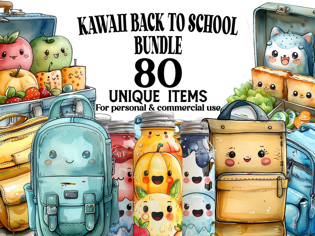 Kawaii Back to School Clipart Bundle 80 Watercolor Pngs Digital ...