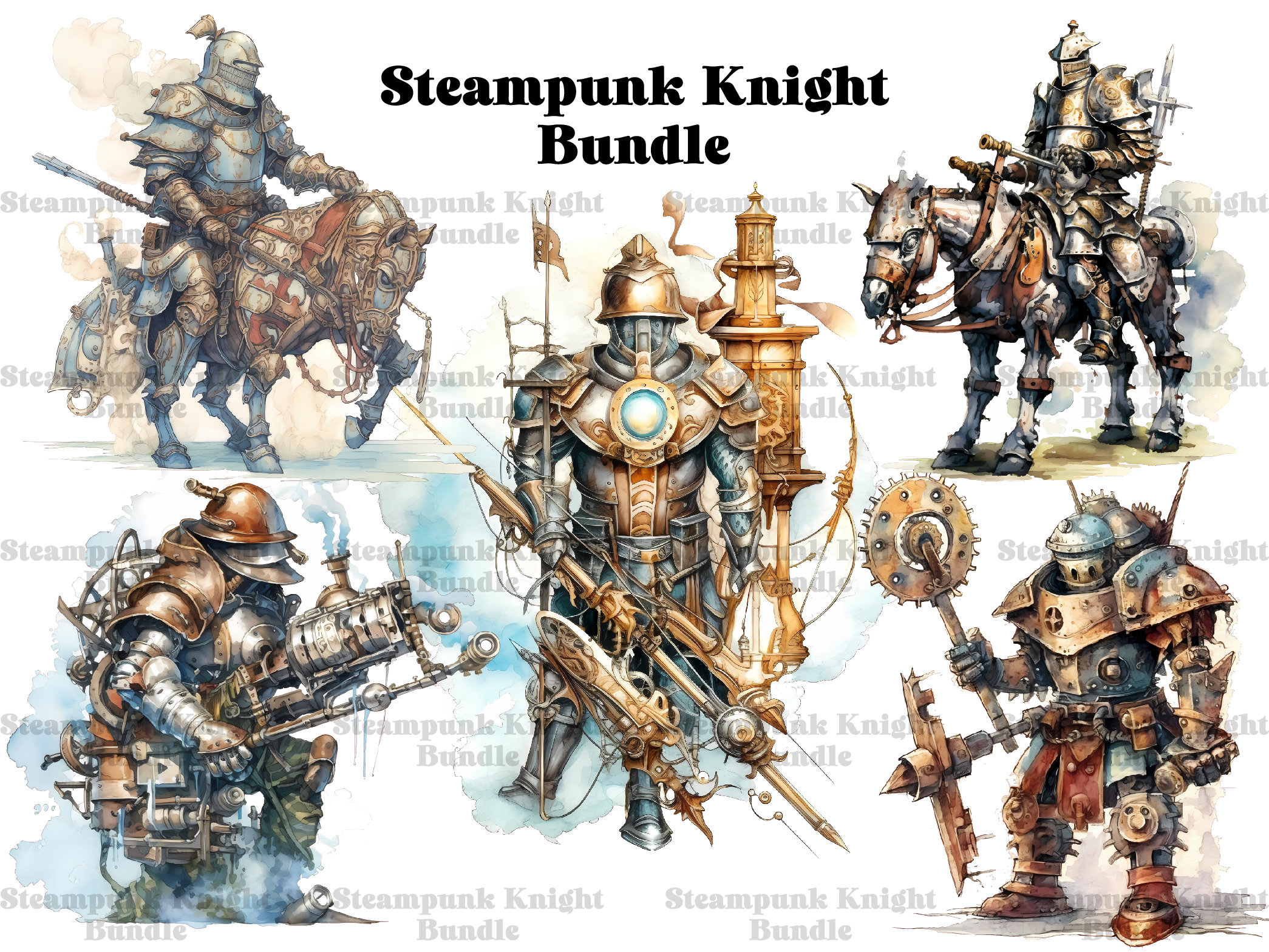 26 Steampunk Knight Clipart Bundle Steampunk Medieval Watercolor PNG ...