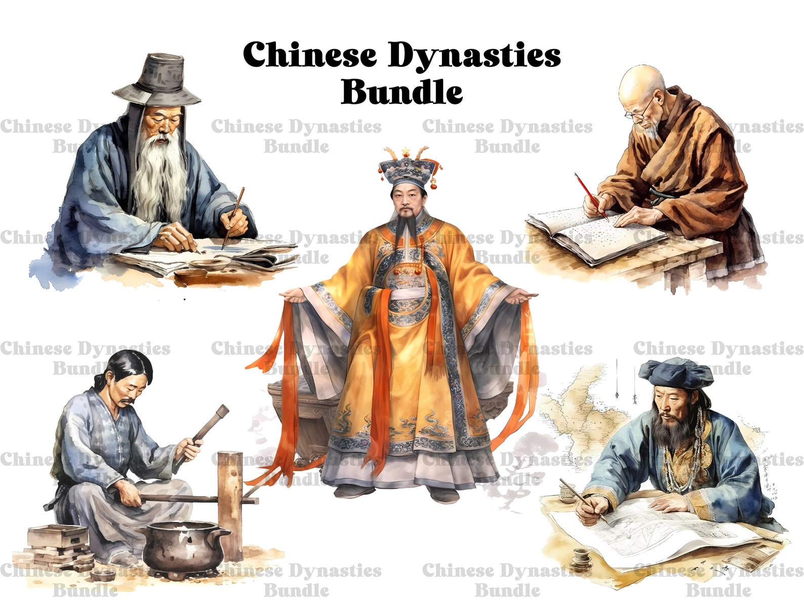 Chinese Dynasties Clipart Bundle 30 Watercolor Chinese - Etsy
