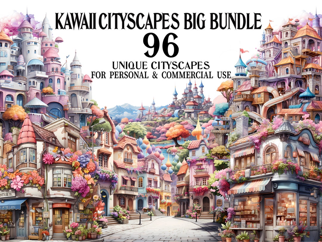Kawaii Cityscapes Clipart Bundle - 96 Kawaii Watercolor Pngs - Digital Download for Nursery ...