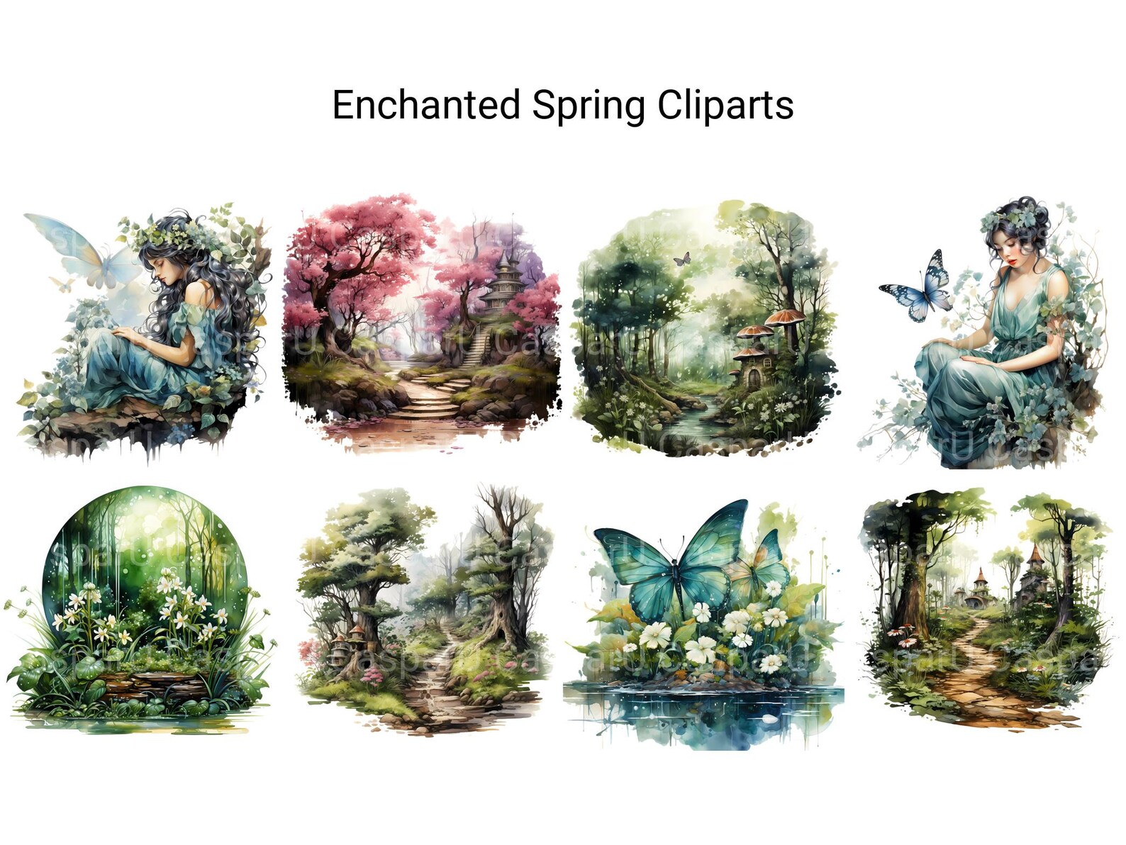 Enchanted Spring Clipart Bundle - 84 Watercolor Pngs - Digital Drawings ...