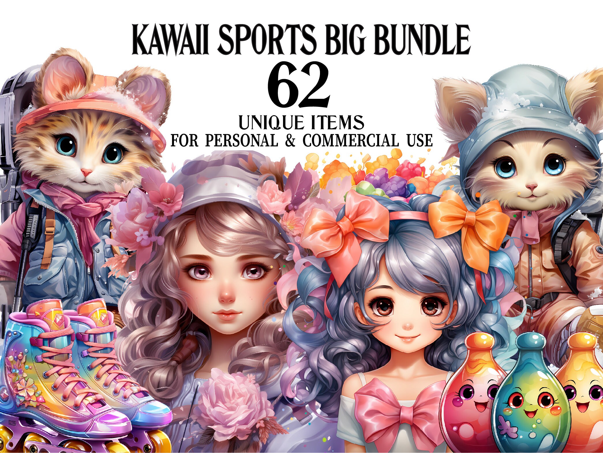 Kawaii Sports Clipart Bundle 62 Kawaii Watercolor Pngs Digital Download ...