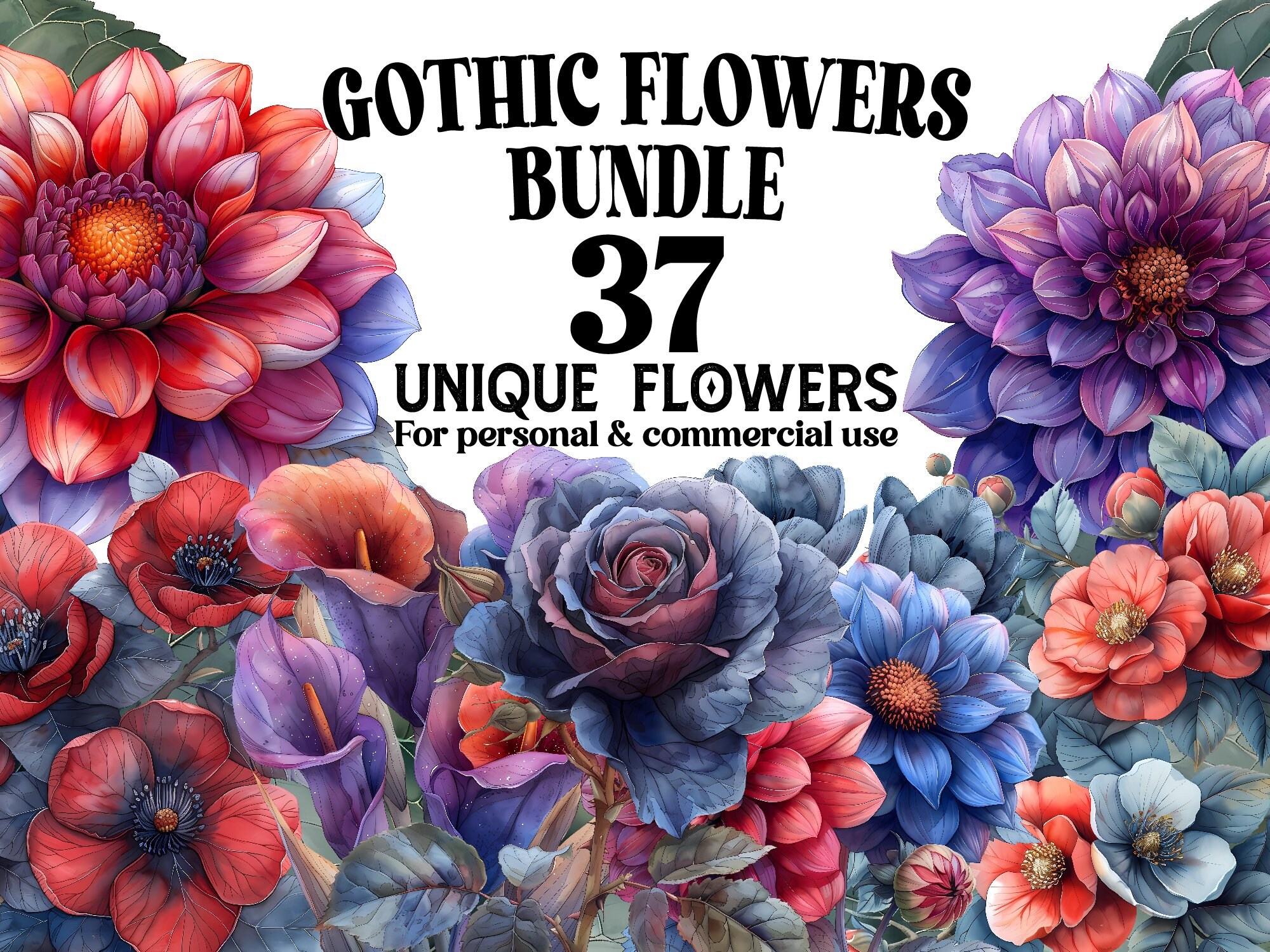 Gothic Flowers Clipart Bundle 37 Watercolor Floral Pngs Digital ...