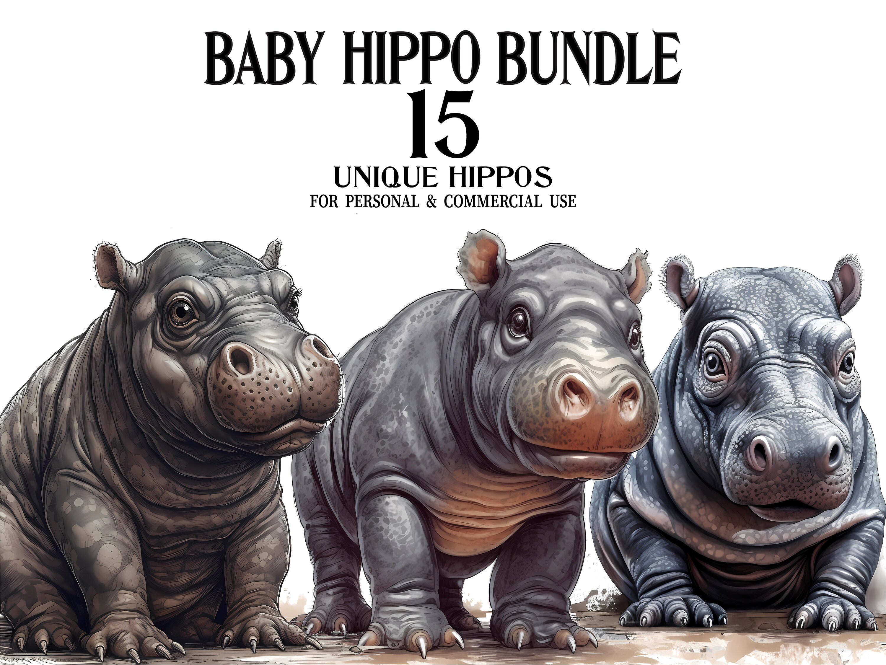 Baby Hippo Clipart Bundle 15 Hippos as Watercolor Pngs Digital Download ...