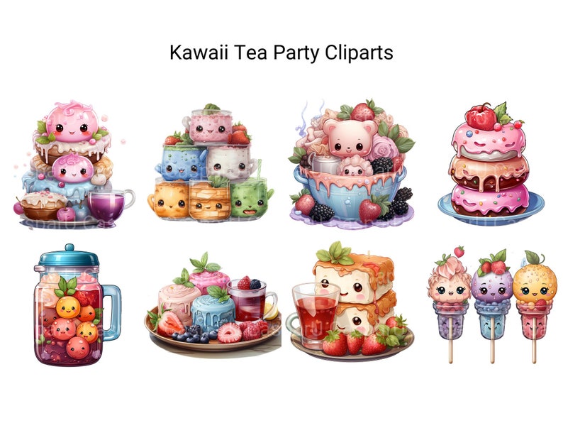Kawaii Tea Party Clipart Bundle 77 Kawaii Watercolor Pngs Digital ...
