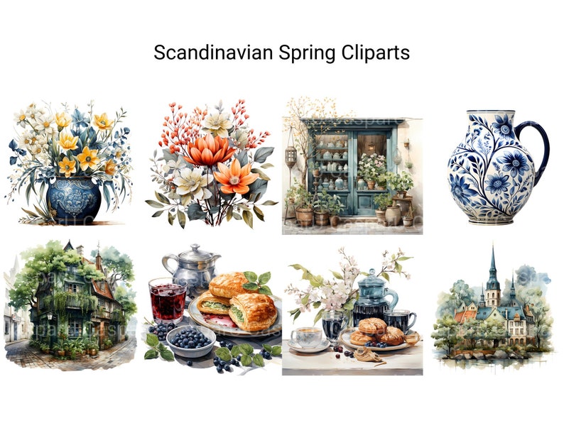 Scandinavian Spring Clipart Bundle 46 Watercolor Pngs Digital Drawings ...