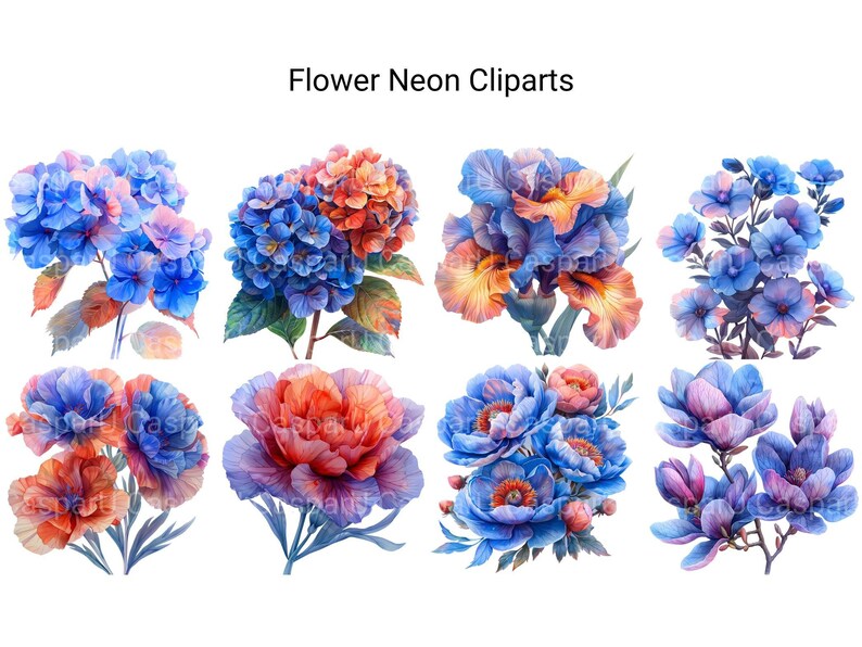 Neon Flowers Clipart Bundle 80 Watercolor Floral Pngs Digital Drawings ...