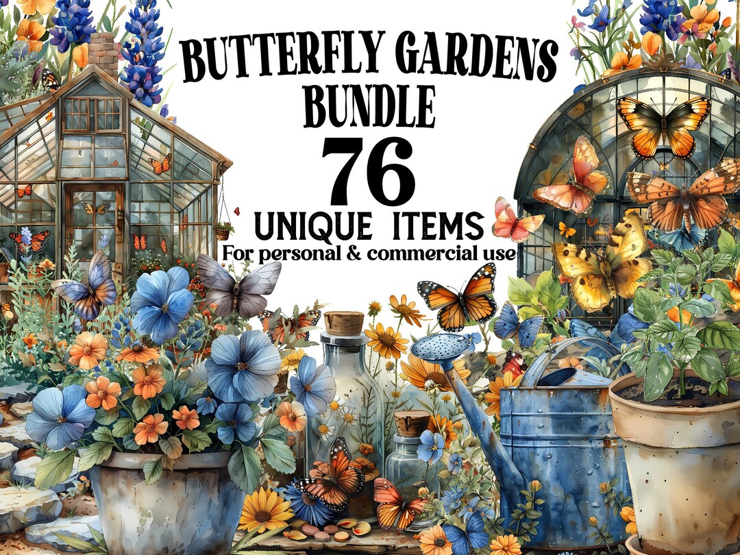 Butterfly Gardens Clipart Bundle - 76 Watercolor Hobby and Craft Pngs ...