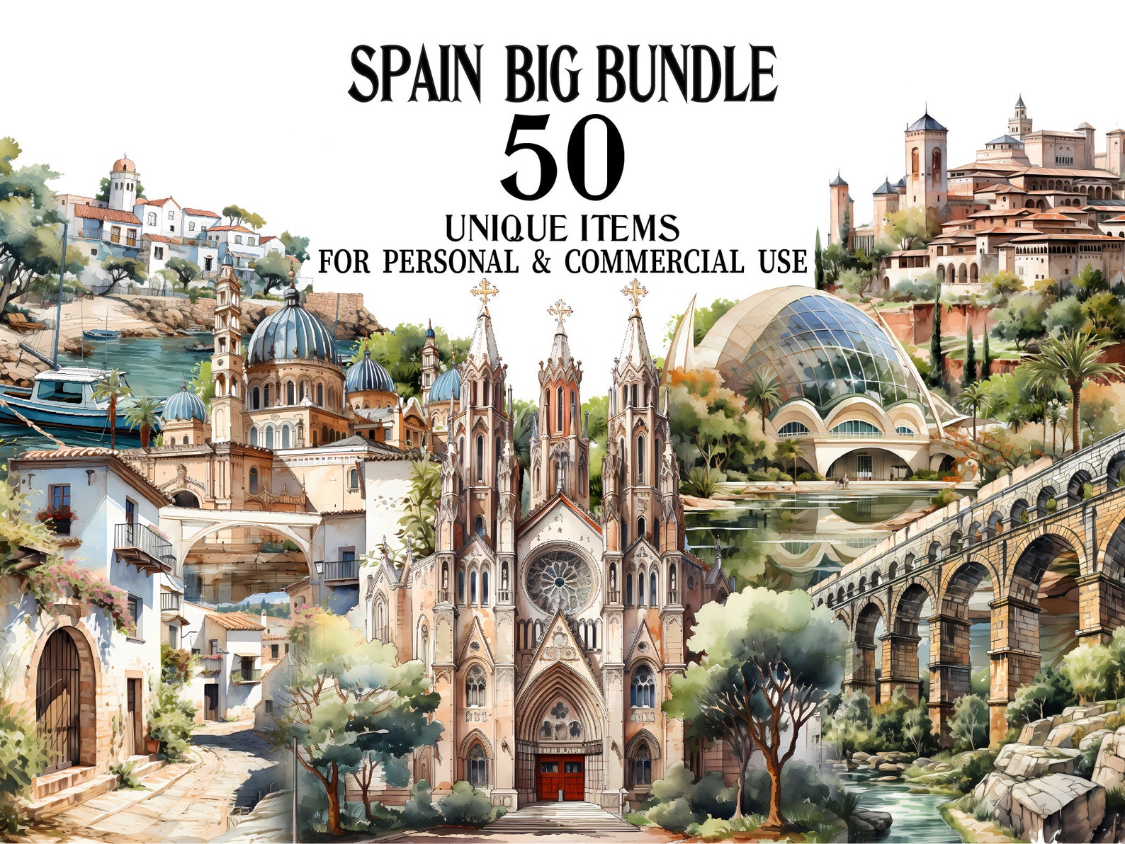 Spain Clipart Bundle - 50 Travel Watercolor Pngs - Digital Drawings ...